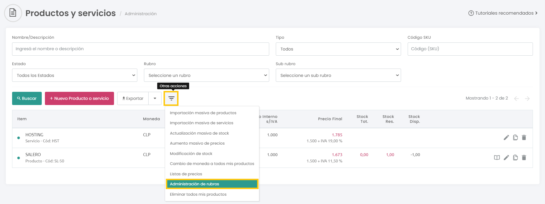 Carga de rubros y sub-rubros – Contabilium Chile